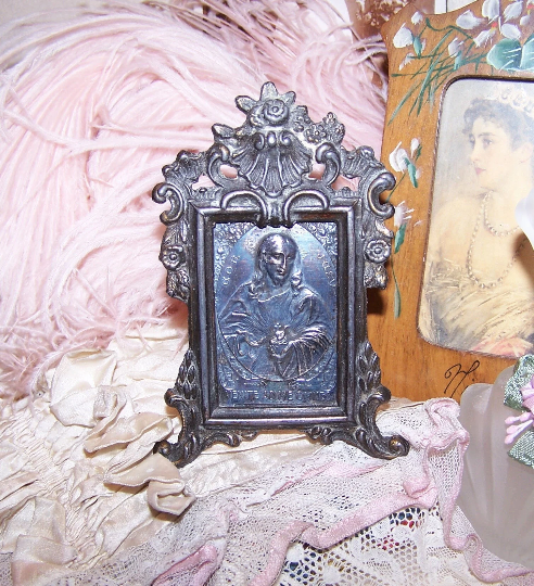 Antique Edwardian French Metal Religious Icon - Sacred Heart of Jesus